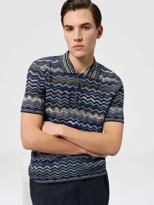 Missoni Cotton Knit Polo Shirt With Chevron Pattern - Blue