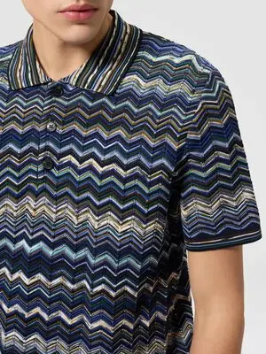 Missoni Cotton Knit Polo Shirt With Chevron Pattern - Blue
