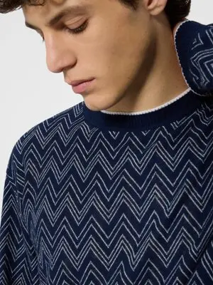 Missoni Neck Cashmere Pullover With Zigzag Pattern - Navy Blue
