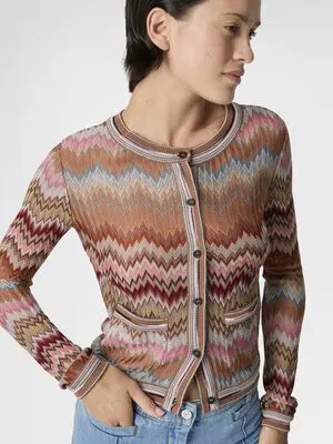 Missoni Pattern Viscose Chevron Cardigan With Patch Pockets - Pink,rust