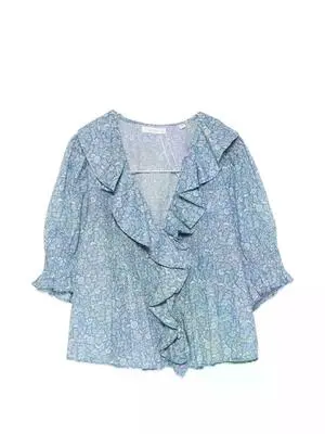 DÔEN Henri Ruffled Floral-print Cotton Blouse - Blue
