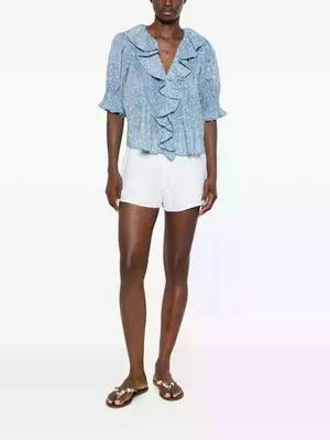 DÔEN Henri Ruffled Floral-print Cotton Blouse - Blue