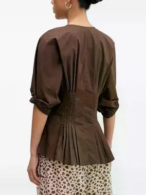 VICOLO Pleated-waist Puff-sleeve Blouse - Brown