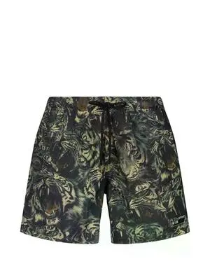 PLEIN SPORT Tiger-print Drawstring Swim Shorts - Black