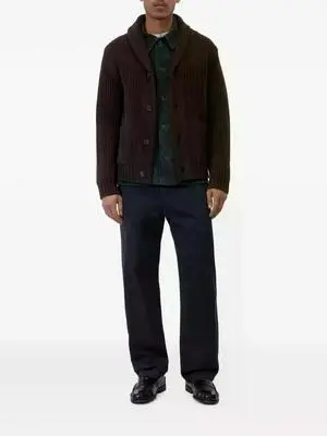 Closed Ribbed Shawl-collar Cardigan - Brown
