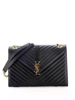 Saint Laurent Classic Monogram Envelope Satchel Matelasse Chevron Leather Large Shoulder Bag - Black