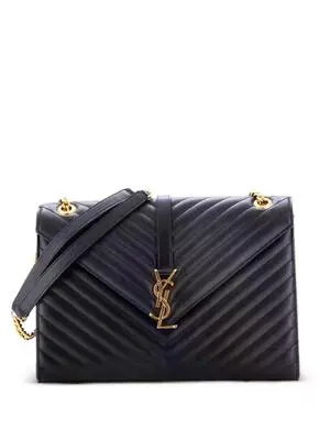 Saint Laurent Classic Monogram Envelope Satchel Matelasse Chevron Leather Shoulder Bag - Black