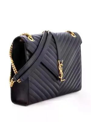 Saint Laurent Classic Monogram Envelope Satchel Matelasse Chevron Leather Shoulder Bag - Black