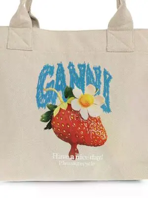 GANNI Strawberry Print Logo Embroidered Tote Bag