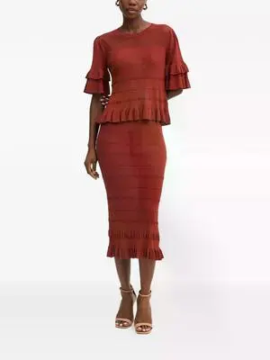 TWINSET Pointelle-knit Ruffled-hem Midi Skirt - Brown