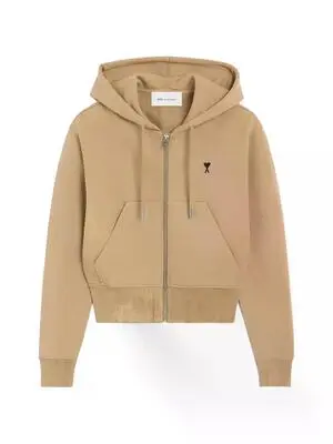 AMI Paris Zipped Cotton Hoodie With De Coeur Embroidery - Neutrals