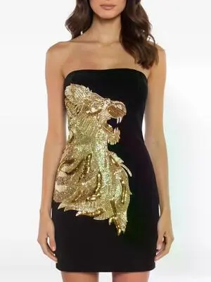 Balmain Strapless Mini Dress With Lion-embossed Sequin Embellishment