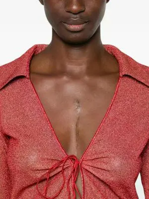 Oseree Feather-trimmed Metallic-thread Top - Red
