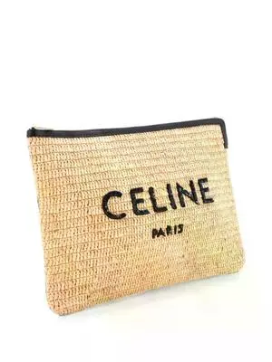 Celine Logo Zip Raffia With Sequins Large Pouch