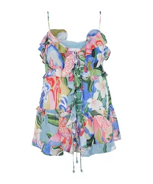 Farm Rio Ruffled Floral Print Top With Heart Neckline And Front Tie Detail