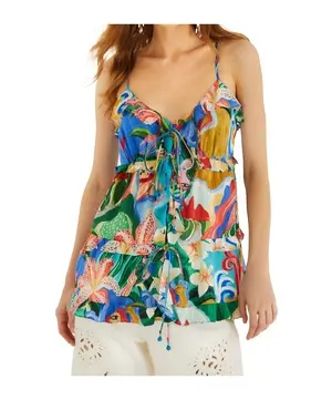 Farm Rio Ruffled Floral Print Top With Heart Neckline And Front Tie Detail