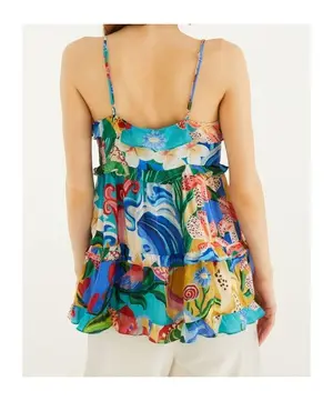 Farm Rio Ruffled Floral Print Top With Heart Neckline And Front Tie Detail