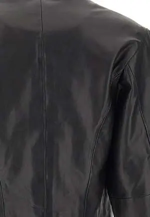 ROTATE BY BIRGER CHRISTENSEN Cropped Fitted Leather Jacket With Puff Sleeves - Black