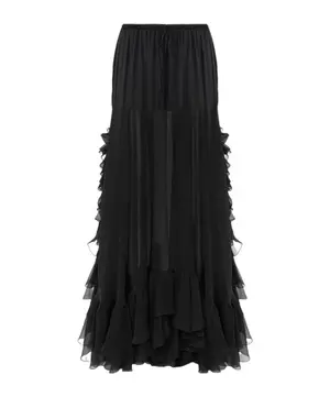 Chloé Ruffled Long Skirt In Silk Mousseline - Black