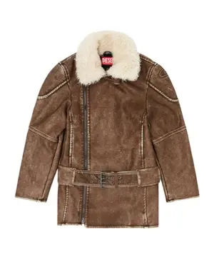 DIESEL® Double-breasted Aviator-biker Coat With Removable Fur Collar - Brown