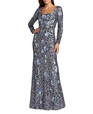 Mac Duggal Floral Beaded Mesh Long Sleeve Square Neck Gown - Hydrangea Multi