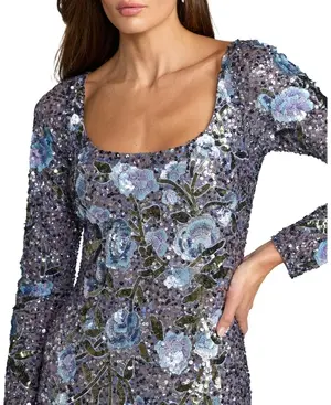 Mac Duggal Floral Beaded Mesh Long Sleeve Square Neck Gown