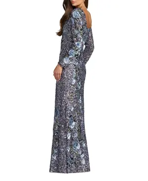 Mac Duggal Floral Beaded Mesh Long Sleeve Square Neck Gown
