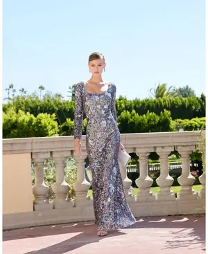 Mac Duggal Floral Beaded Mesh Long Sleeve Square Neck Gown