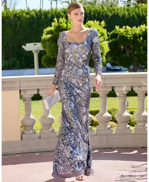 Mac Duggal Floral Beaded Mesh Long Sleeve Square Neck Gown
