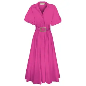 ALINA CERNATESCU Poplin Cotton Midi Shirt Dress With Puff Sleeves And Belt - Pink