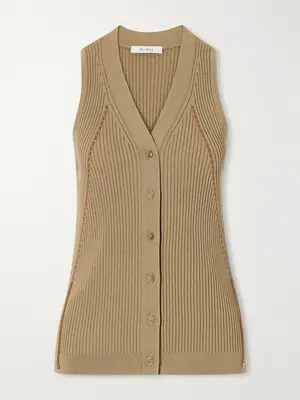 Max Mara Lace-detailed Ribbed Cotton-blend Vest - Brown