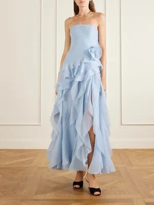 Aje Canyon Strapless Appliquéd Ruffled Pleated Chiffon Gown - Blue