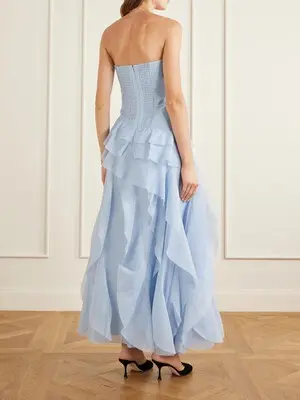 Aje Canyon Strapless Appliquéd Ruffled Pleated Chiffon Gown - Blue