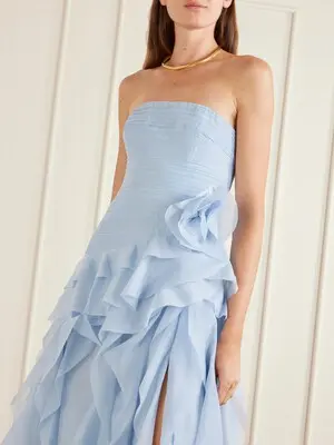 Aje Canyon Strapless Appliquéd Ruffled Pleated Chiffon Gown - Blue