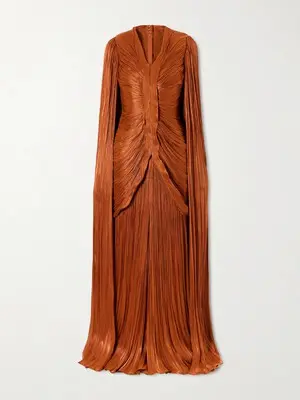 MARMAR HALIM Pleated Ruched Satin Gown With Cape Effect Sleeves
