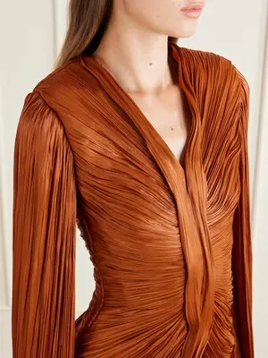 MARMAR HALIM Pleated Ruched Satin Gown With Cape Effect Sleeves