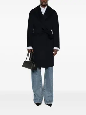 Max Mara Navy Blue Shawl Collar Belted Wrap Coat - Multicolor