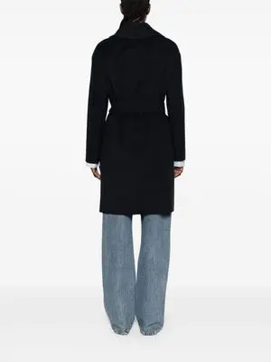 Max Mara Navy Blue Shawl Collar Belted Wrap Coat - Multicolor