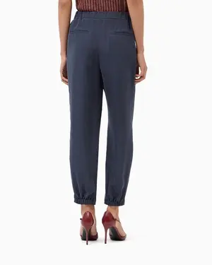 Giorgio Armani Regular Fit Washed Silk Trousers With Elasticated Hem - Blue