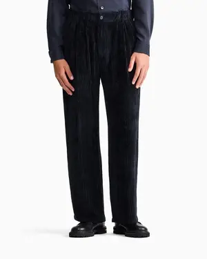 Giorgio Armani Ribbed Viscose Velvet Oversized Trousers - Blue