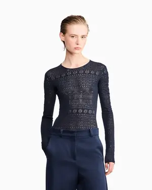 Giorgio Armani Slim Fit Stretch Cotton Lace Crew Neck Sweater - Blue