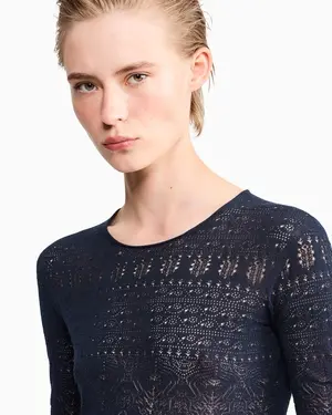 Giorgio Armani Slim Fit Stretch Cotton Lace Crew Neck Sweater - Blue