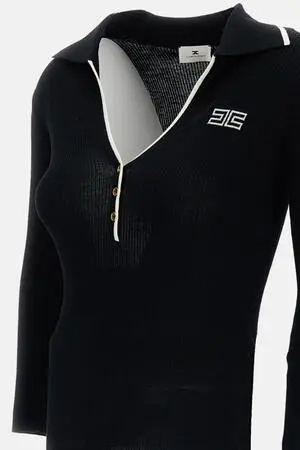 Elisabetta Franchi Ribbed-knit V-neck Sweater With Gold-tone Buttons