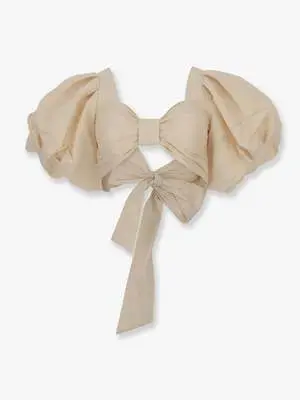 ACTUALEE Cropped Shantung Effect Fabric Top With Puff Sleeves And Draped Front - Beige