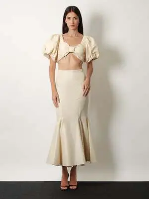 ACTUALEE Cropped Shantung Effect Fabric Top With Puff Sleeves And Draped Front
