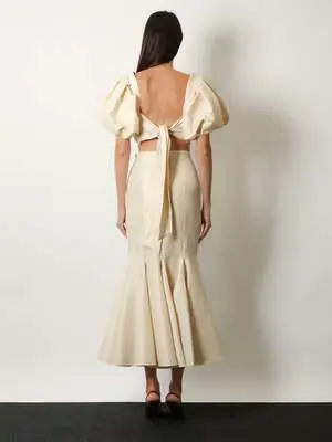 ACTUALEE Cropped Shantung Effect Fabric Top With Puff Sleeves And Draped Front