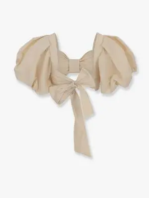 ACTUALEE Cropped Shantung Effect Fabric Top With Puff Sleeves And Draped Front