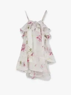 ACTUALEE Multicolor Floral Print Ruffled Satin Mini Dress - White