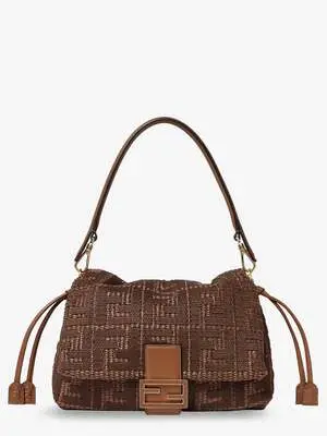 Fendi Mamma Baguette Medium Raffia Handbag With Ff Embroidery - Brown