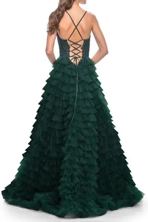 La Femme Ruffled Tulle Gown With Illusion Lace Bodice - Dark Emerald